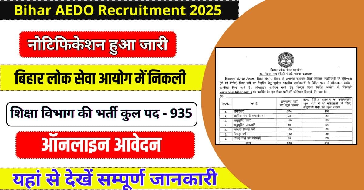 Bihar BPSC AEDO Recruitment 2025 - बिहार शिक्षा विभाग में निकली 900 से भी अधिक पदों पर नई बहाली